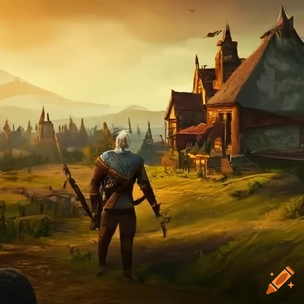 Witcher 3 themed background with a village and fields