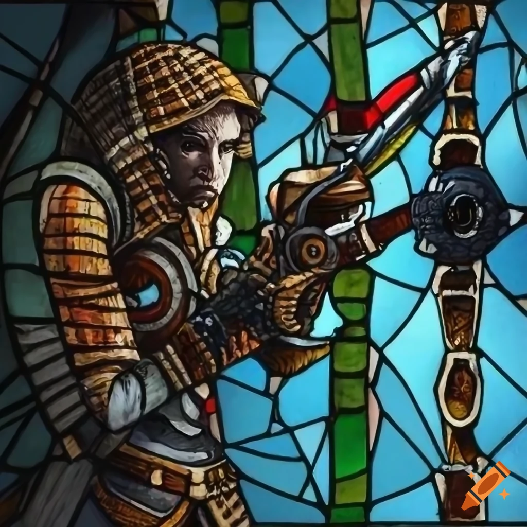 Stained glass artwork of a mechanical clockwork assassin