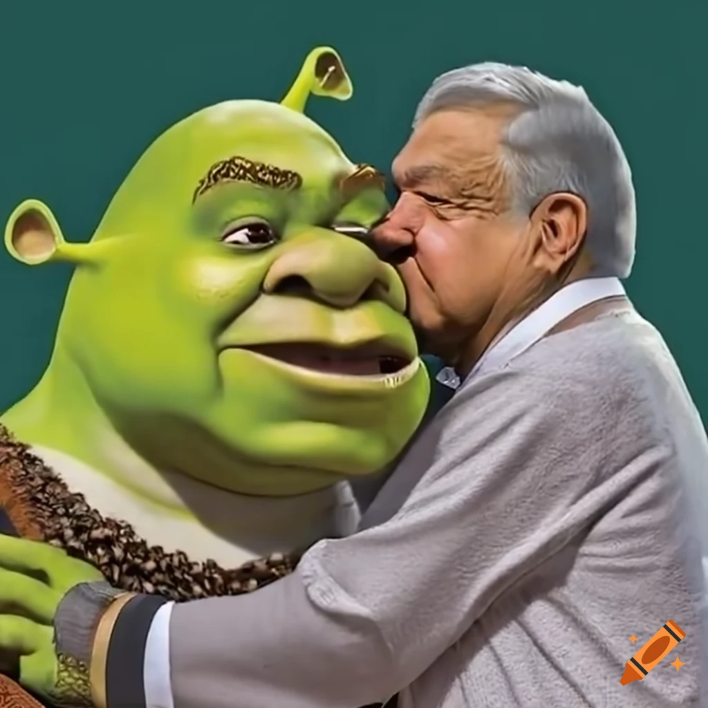 Satirical image of shrek kissing amlo on Craiyon