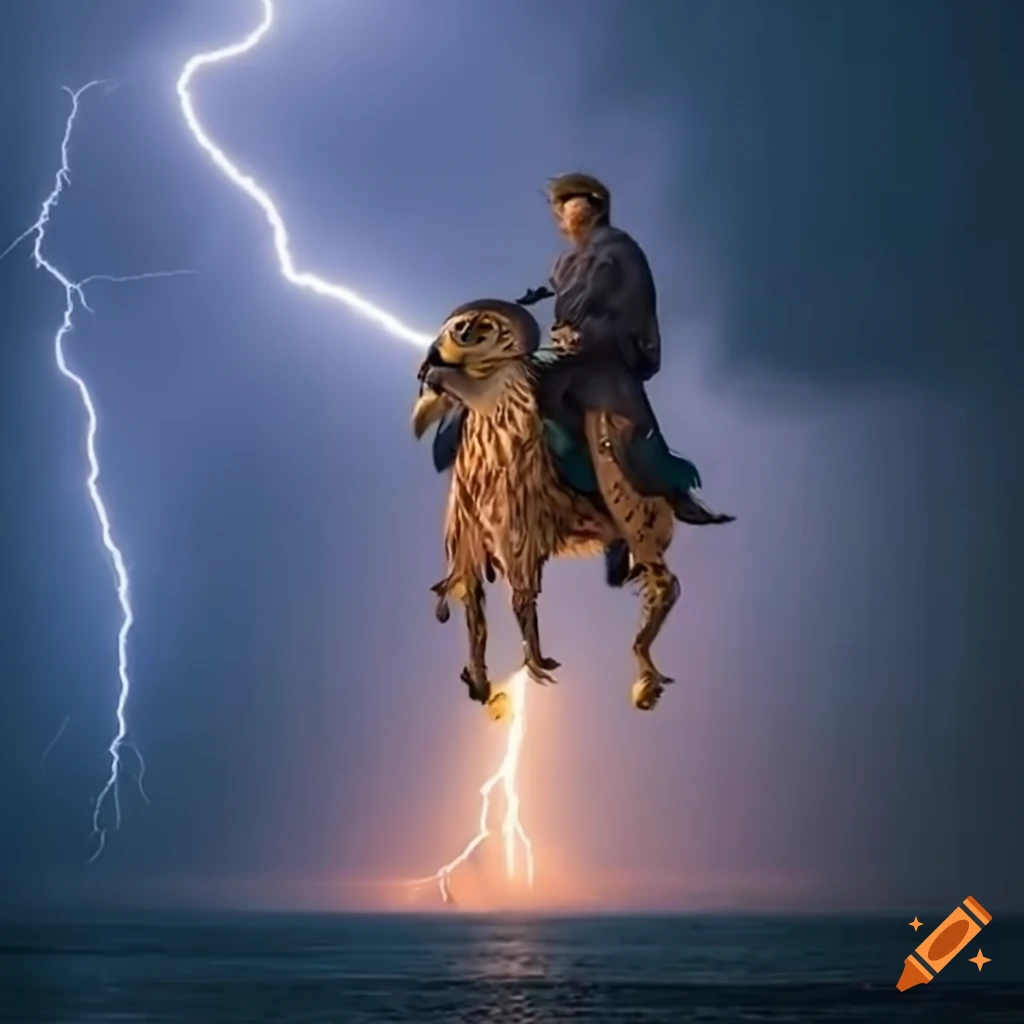 Illustration of a man riding a gigantic falcon through storm clouds on ...