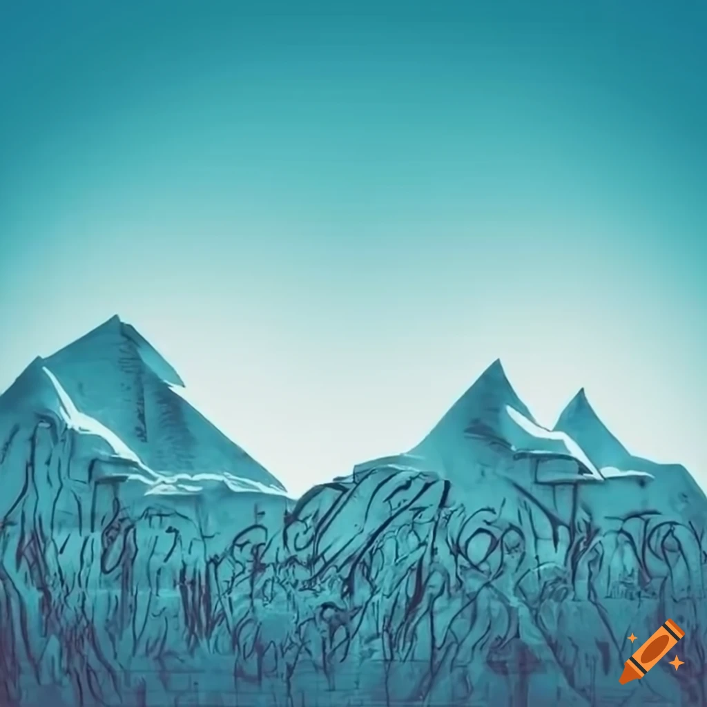 Graffiti-style mountain range against blue sky