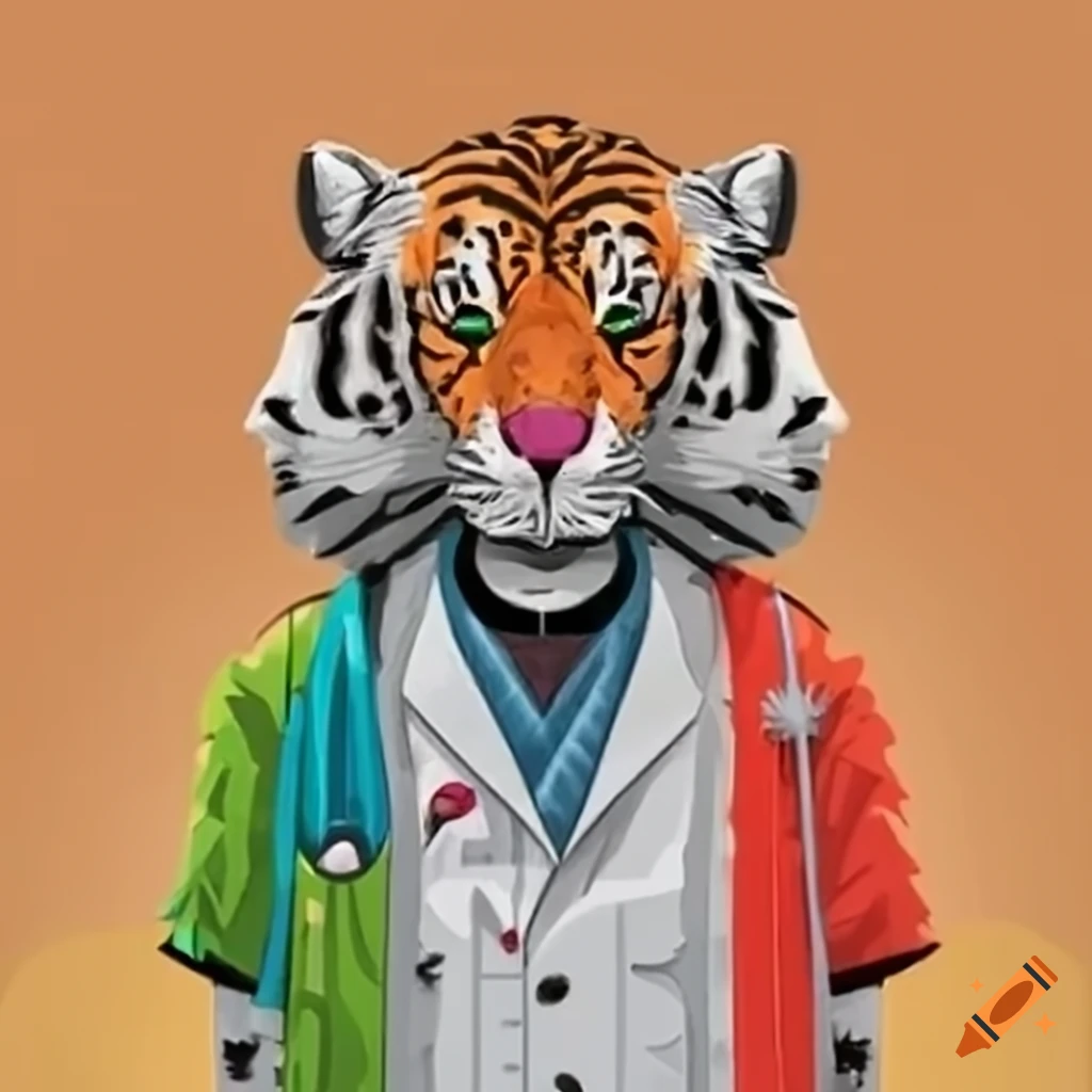 Intelligent tiger wearing a labcoat on Craiyon