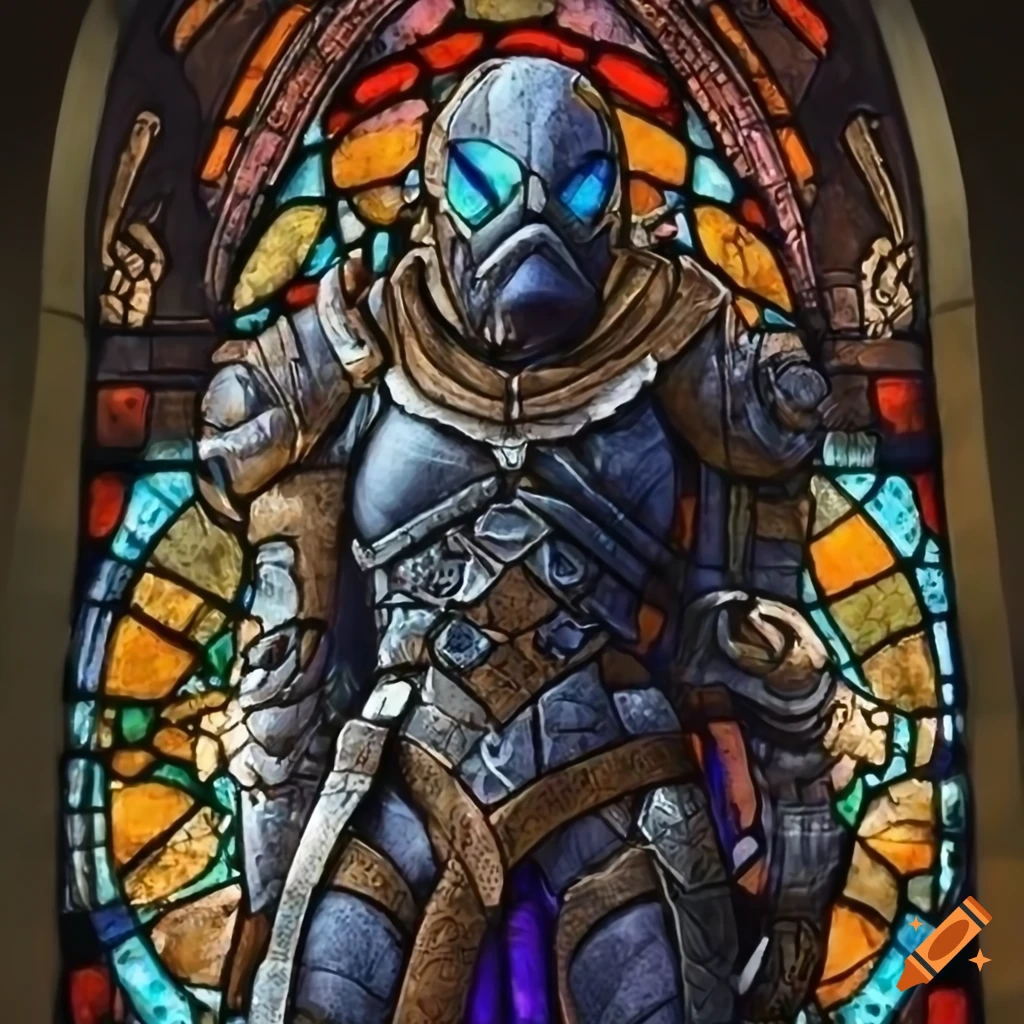 Stained glass depiction of a warforged assassin