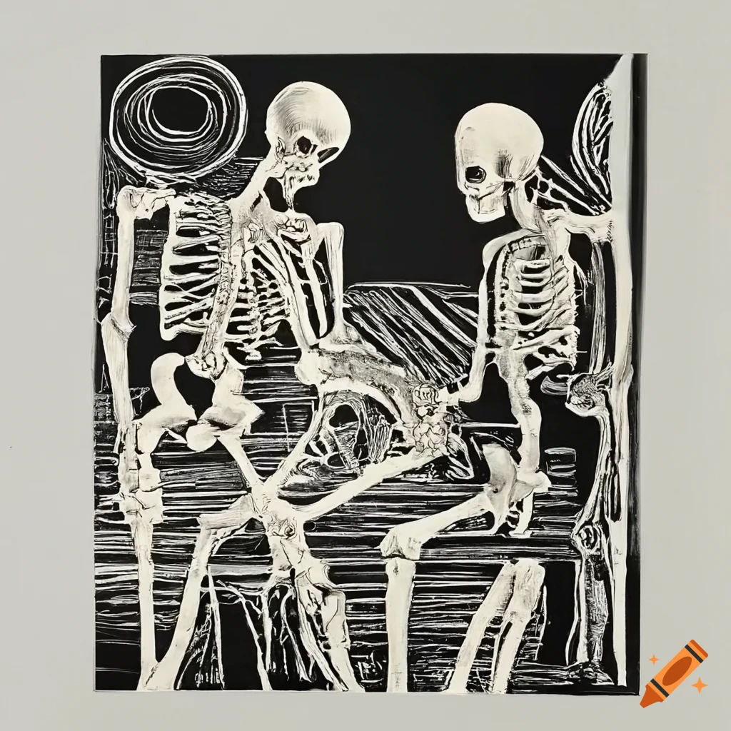 Surreal lino print with skeletons and surreal objects on Craiyon