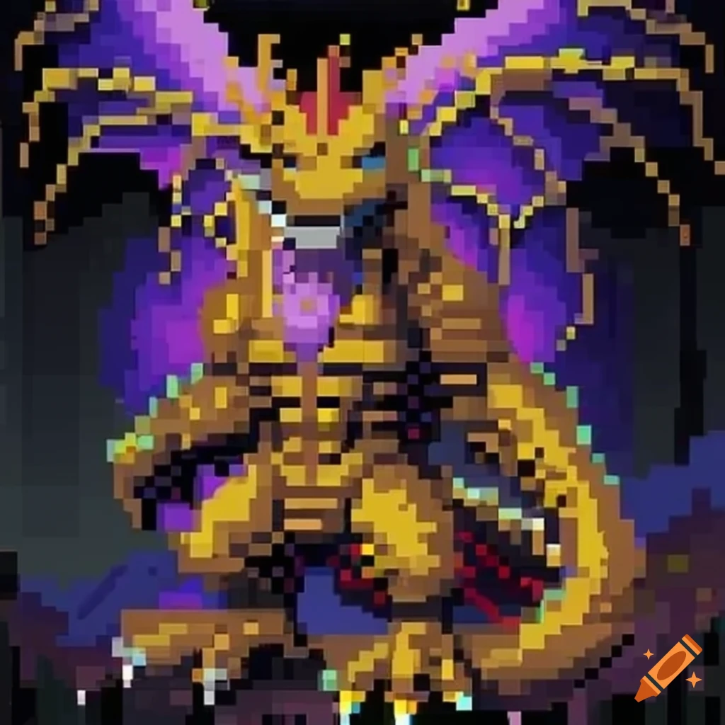 Pixel art of a fierce dragon