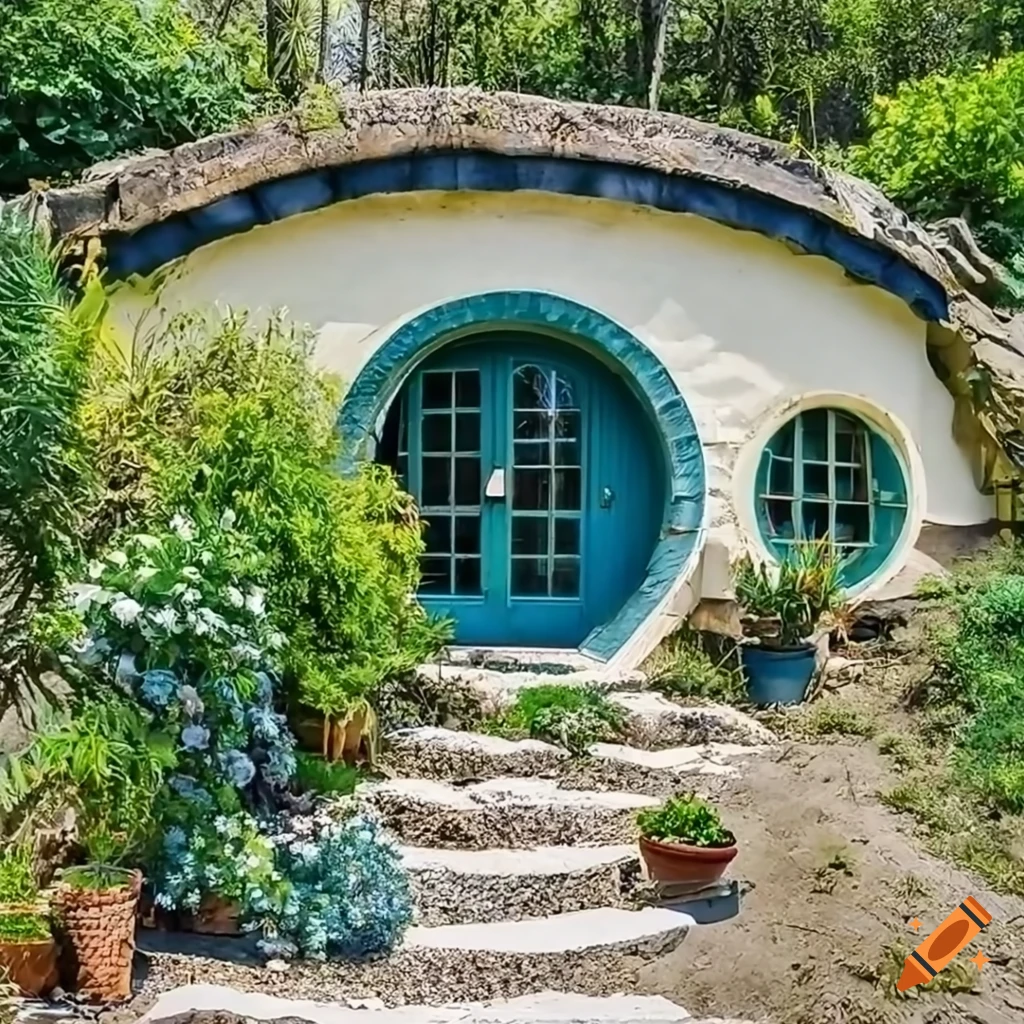 Cozy hobbit house at the beach surrounded by plants on Craiyon