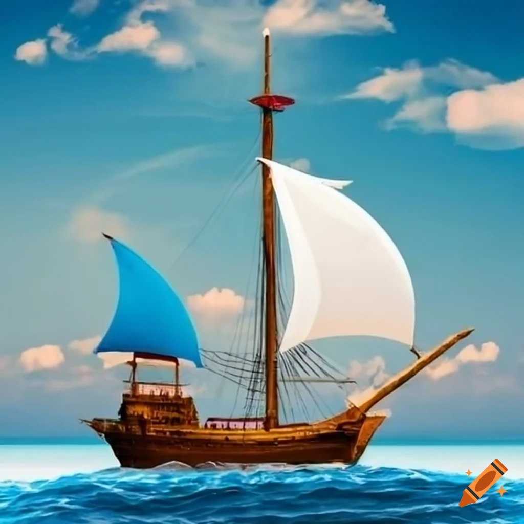 Profile of a small pirate ship on a sunny beach on Craiyon