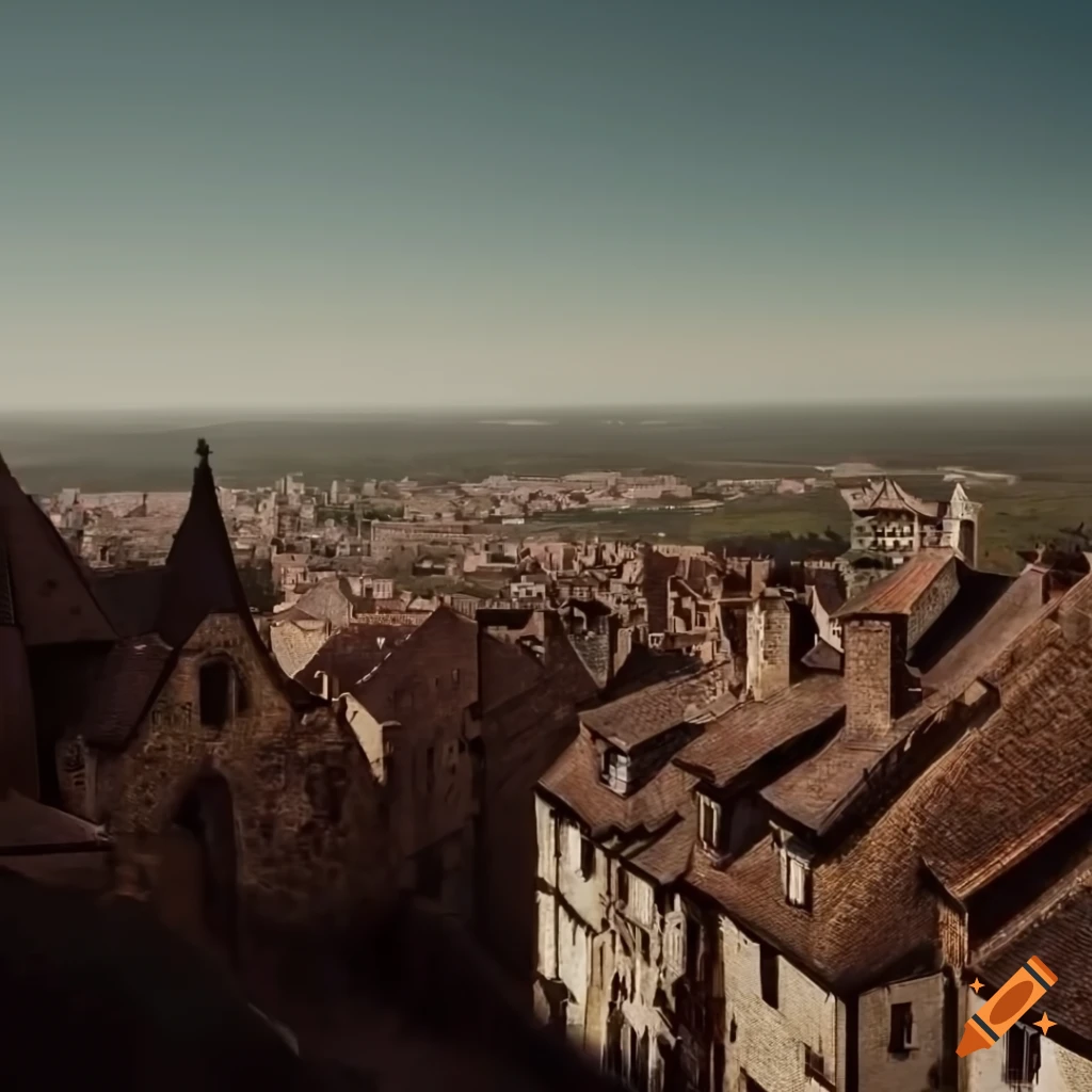 Photorealistic view of a medieval town from above on Craiyon