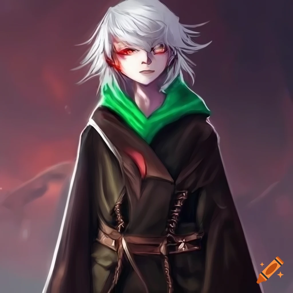 Portrait of a white-haired boy elf with red eyes