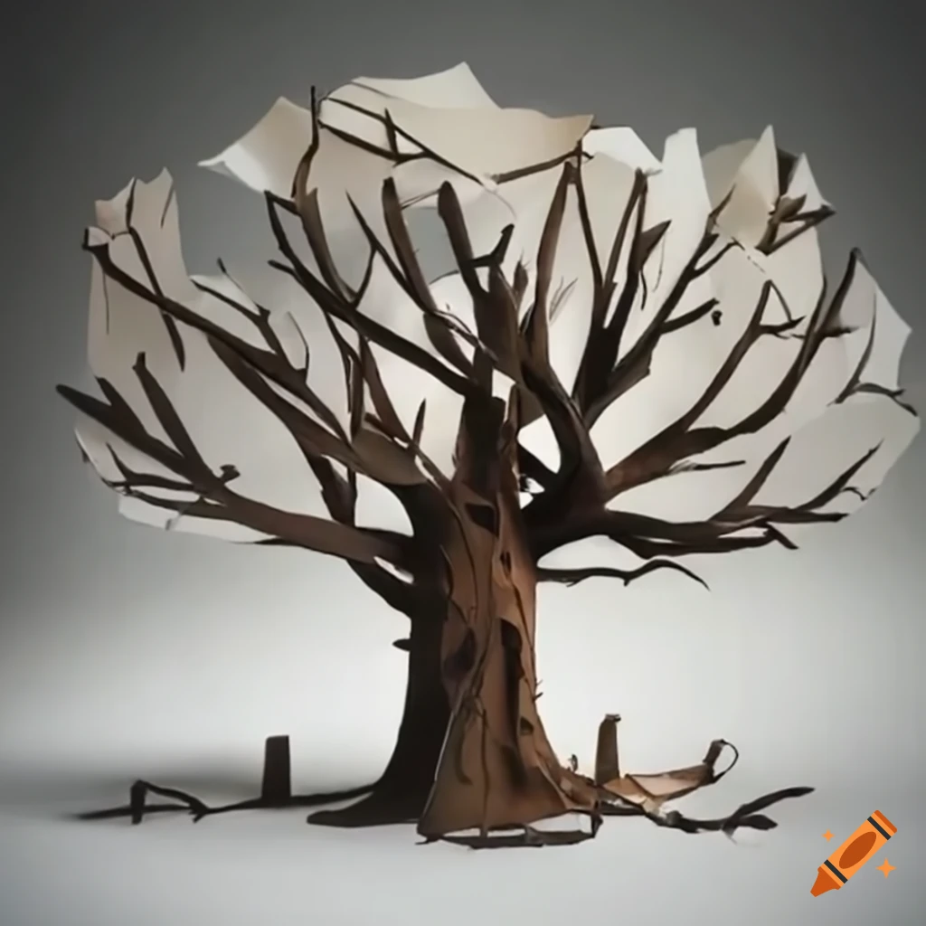 Symbolic artwork depicting trees turning into paper on Craiyon