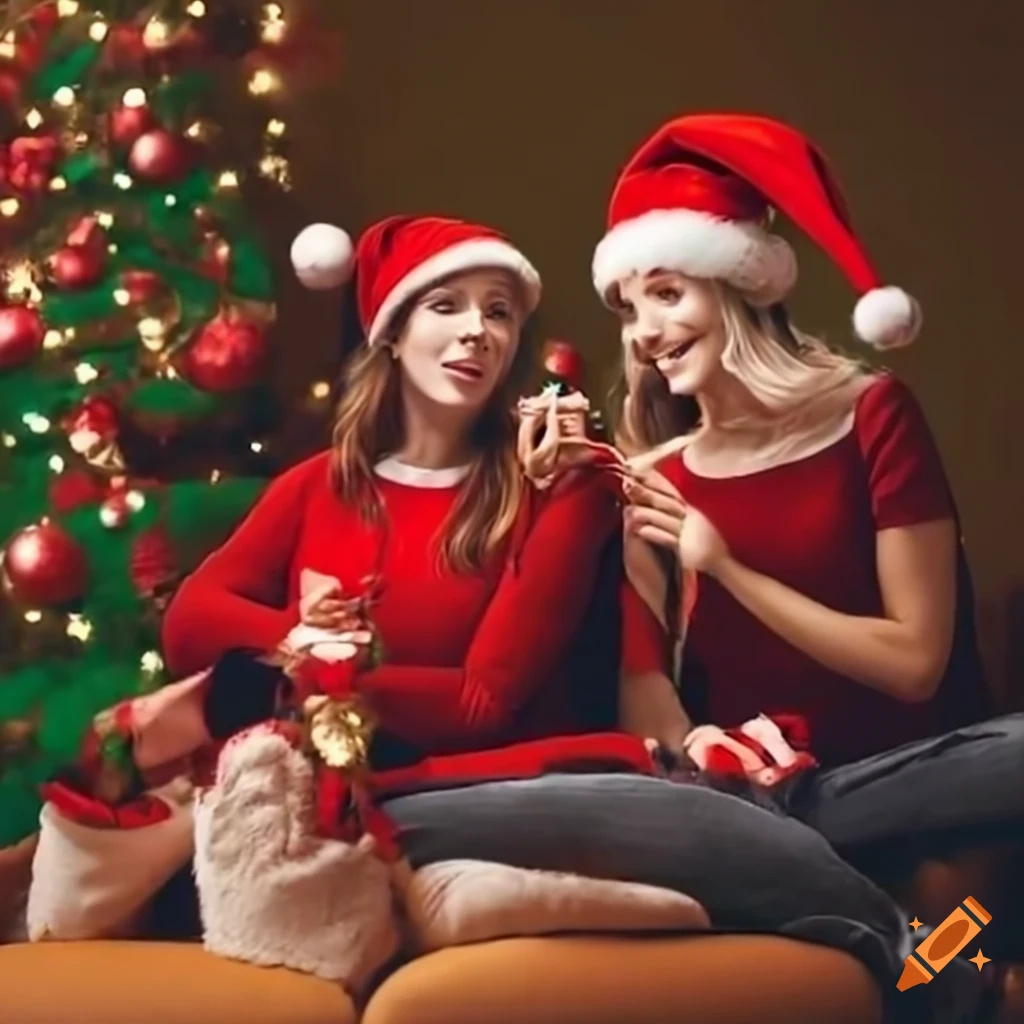 Christmas-themed team sitting on a couch together on Craiyon