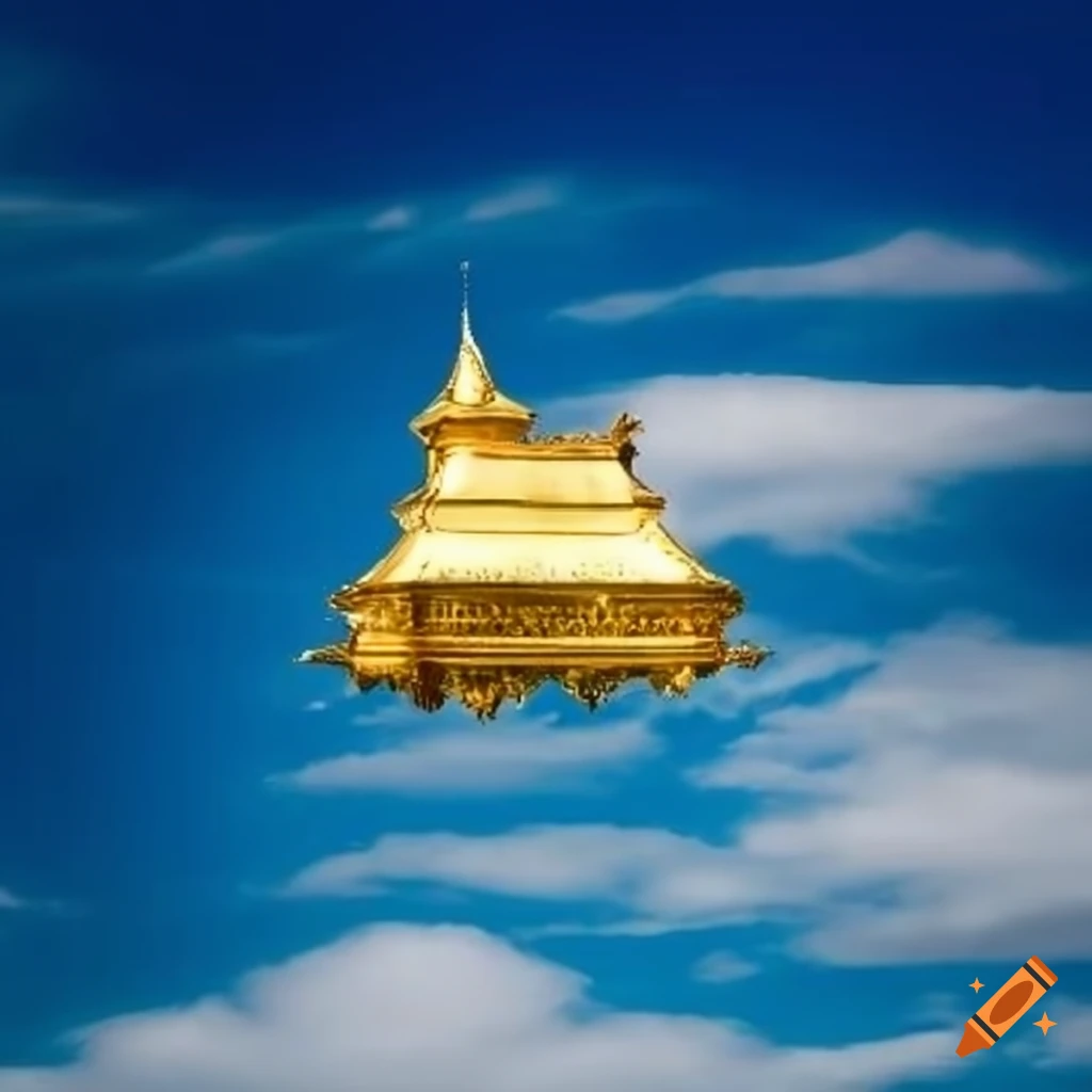 Realistic depiction of a floating golden house on Craiyon