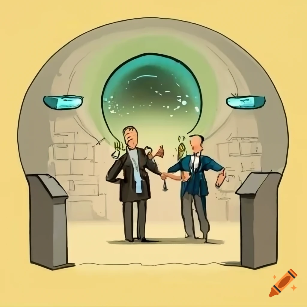 Cartoon of two business people and an alien in a lobby on Craiyon