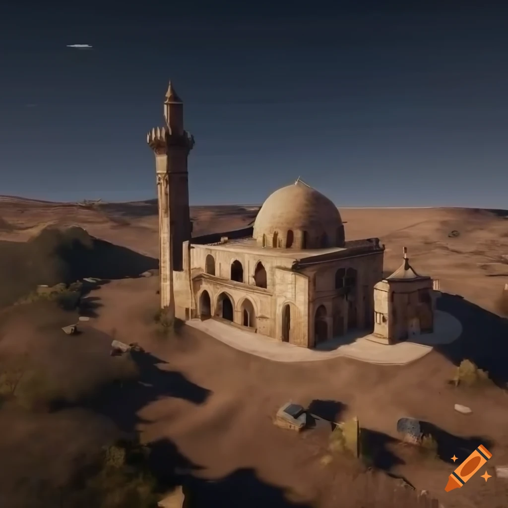 Aerial view of a sci-fi etruscan-hittite mosque and village on Craiyon