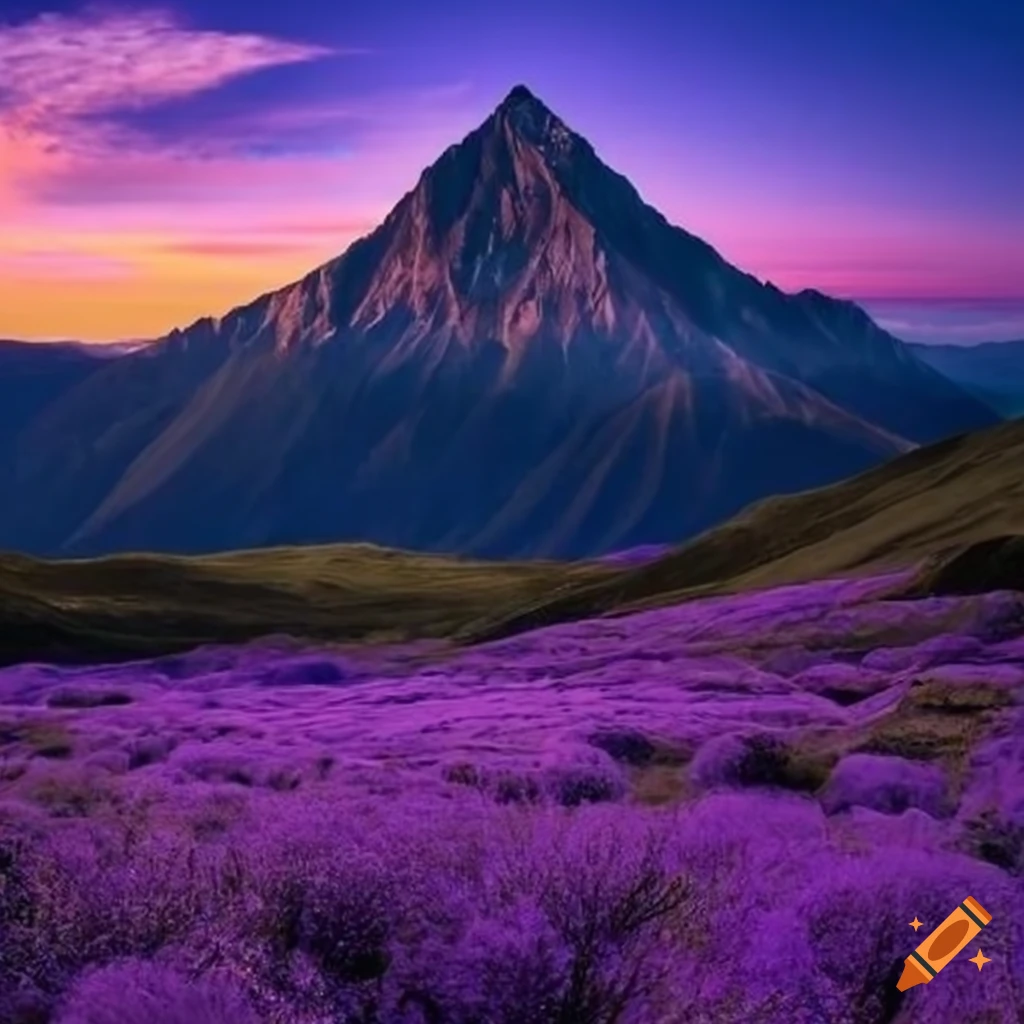 Sunset over a violet mountain crater on Craiyon