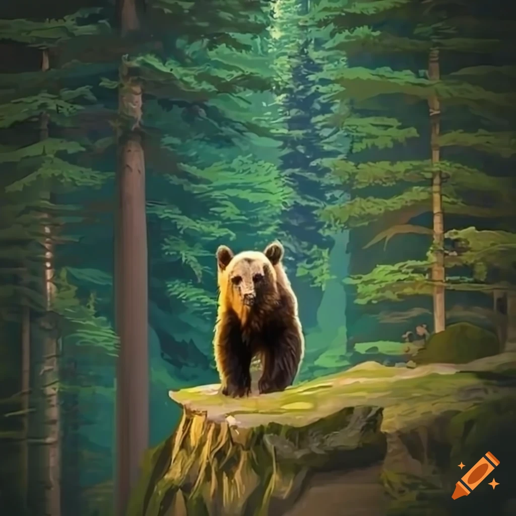 Bear standing on a ledge overlooking a forest on Craiyon