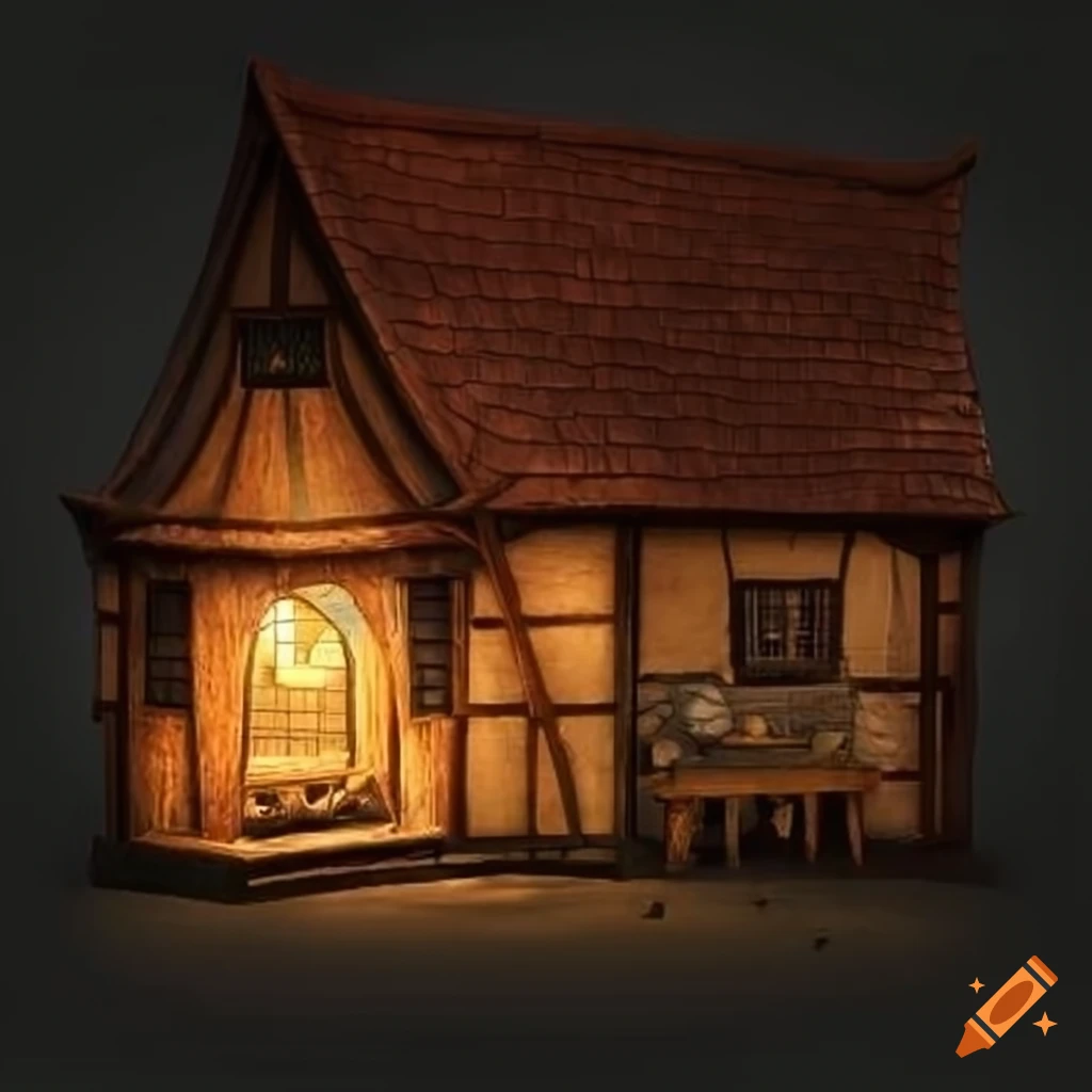 Image of a single floor tudor-style medieval house on Craiyon