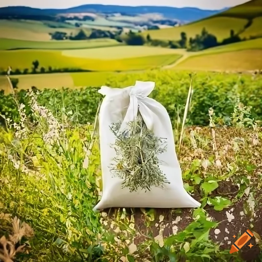 Doypack sachet of aromatic herbs with italian countryside view on Craiyon