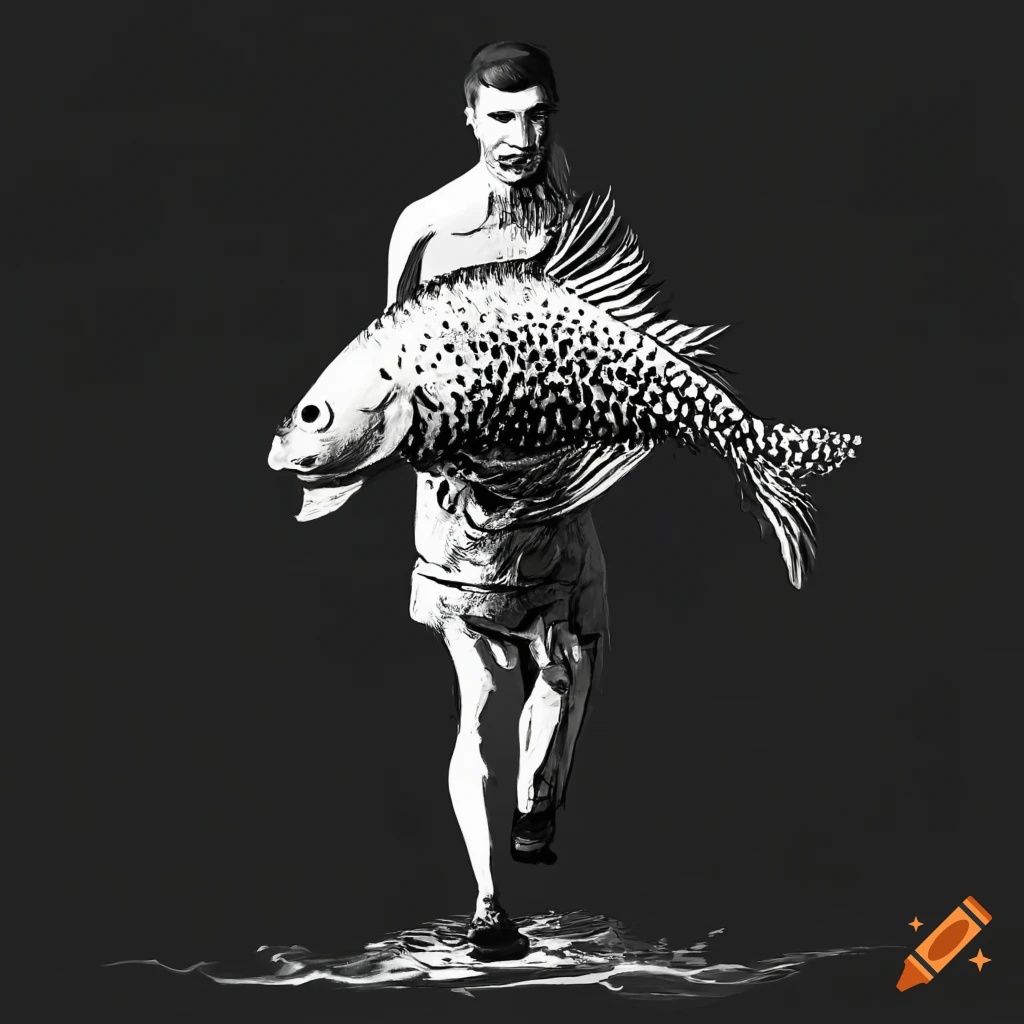 Image of a man walking on water with a big fish on Craiyon