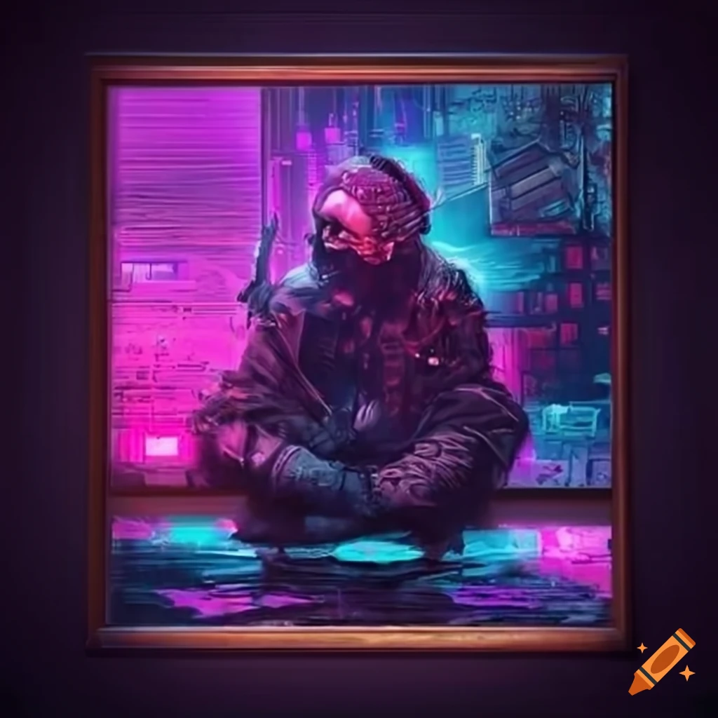 Cyberpunk artwork in a frame on Craiyon