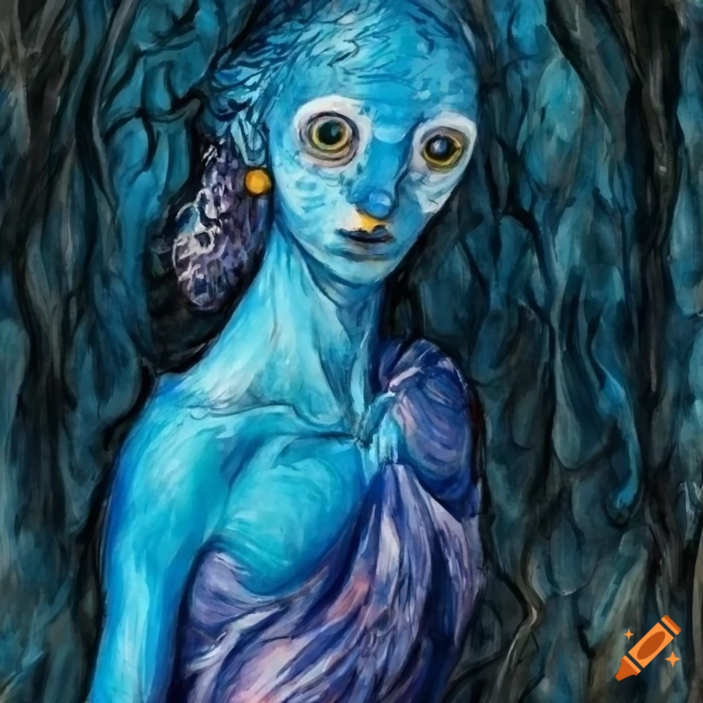 Blue humanoid bird artwork in rebecca guay style
