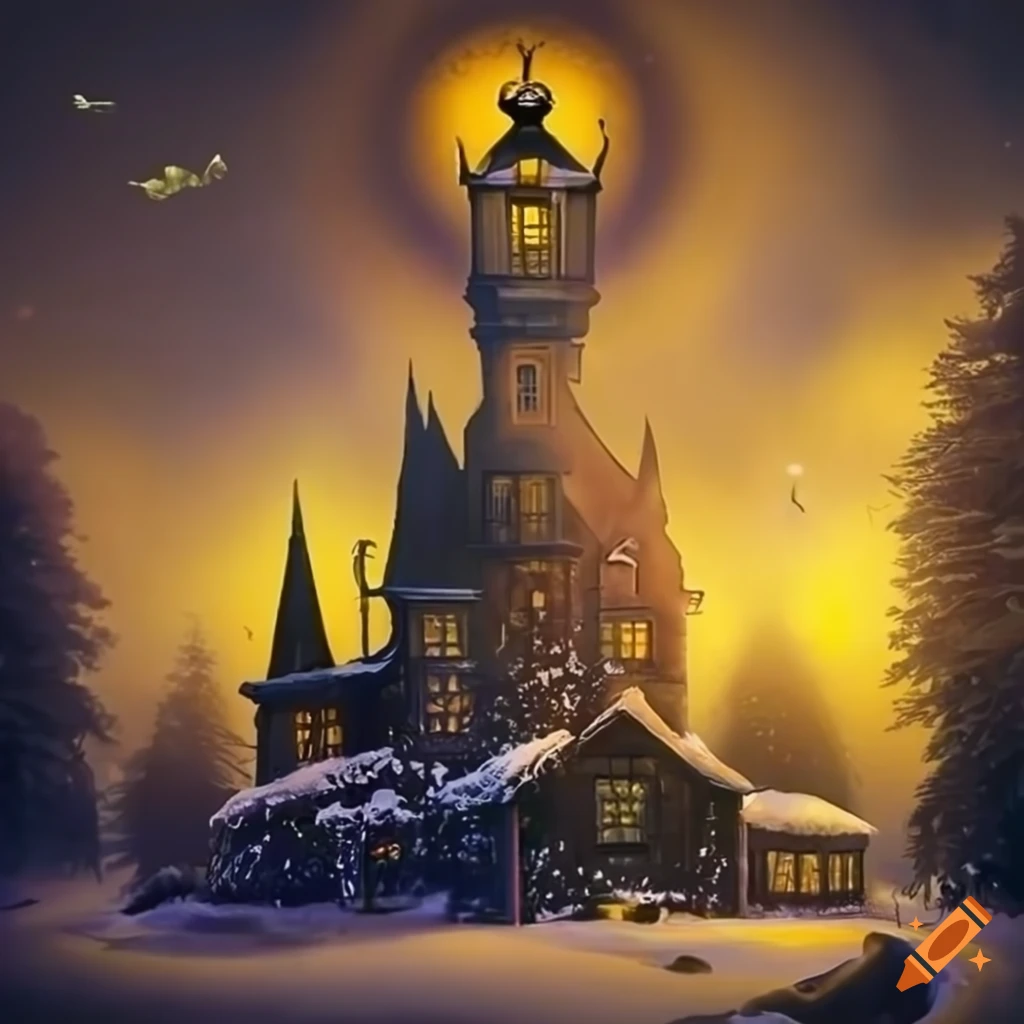 Merry christmas postcard in a magical wizarding world on Craiyon