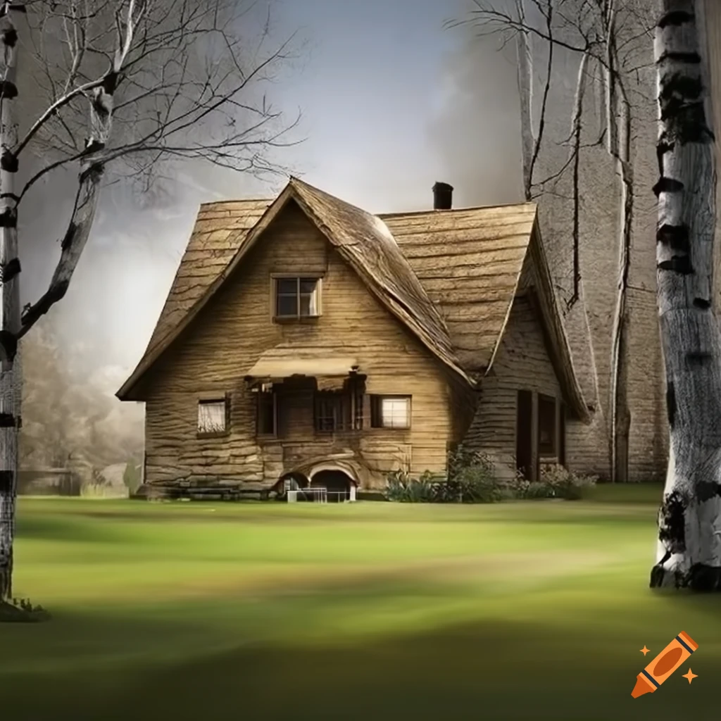 Stone and wooden house surrounded by trees on Craiyon