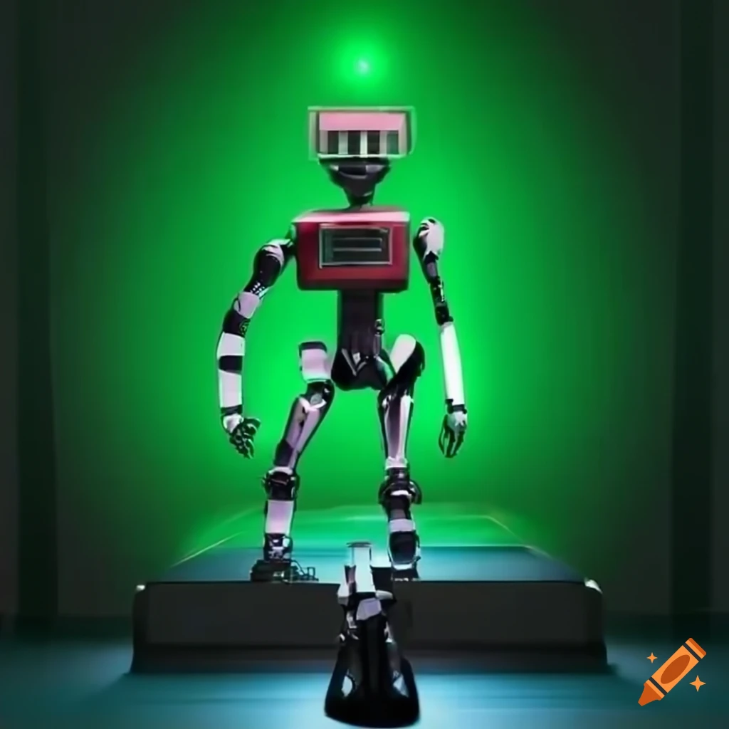 Robot on a movie set with green screen and stage lights