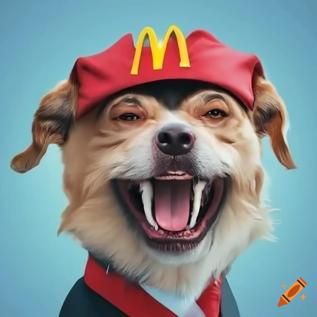 Dog in mcdonald's uniform laughing on Craiyon