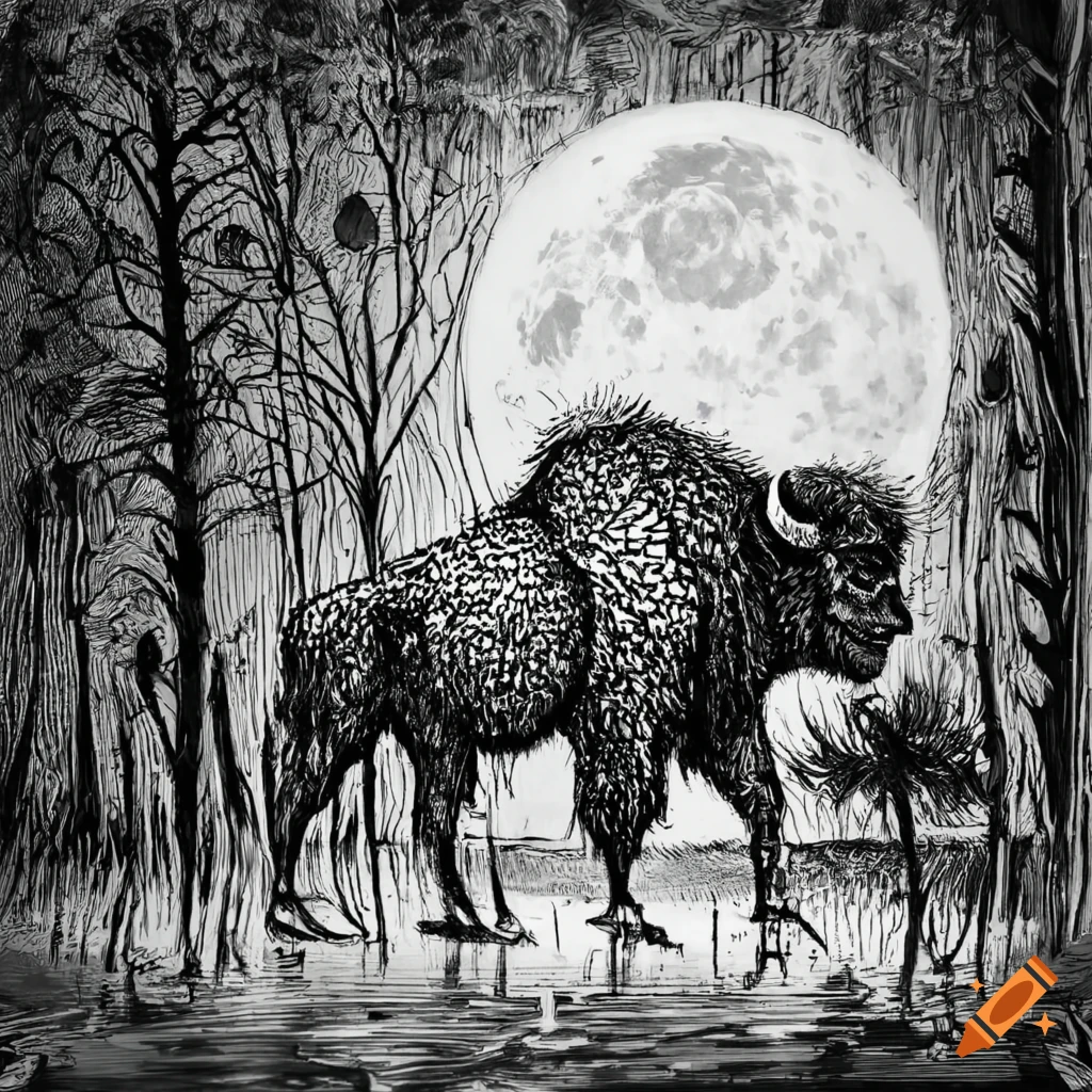 Ink drawing of a bison in a moonlit swamp on Craiyon