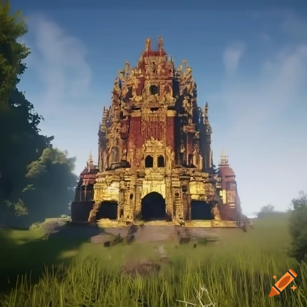 Aerial view of a sci-fi golden-white-red temple in a jungle forest on ...