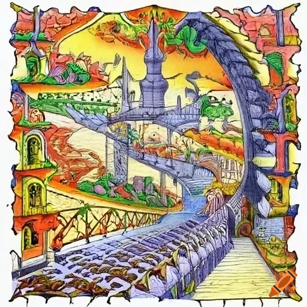 Colored drawing of a bridge to heaven on Craiyon