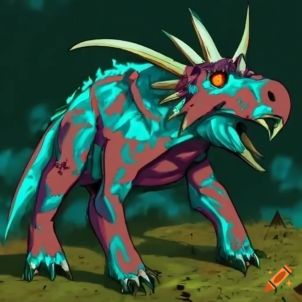 Yu-gi-oh artwork of a powerful mechanical baby dinosaur on Craiyon