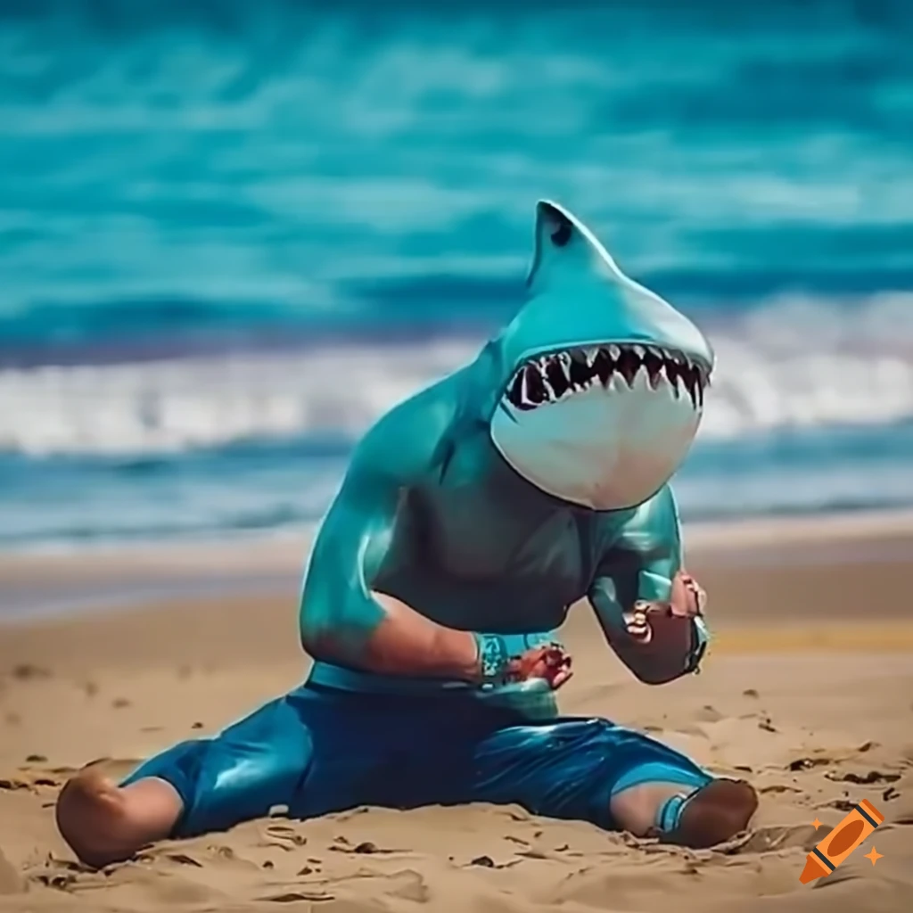Man in a shark mask enjoying the beach on Craiyon