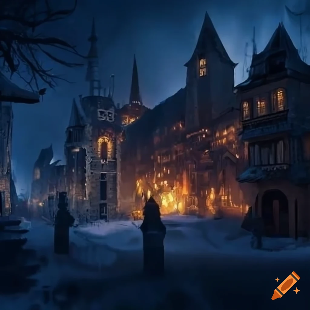 Night view of a medieval city in winter