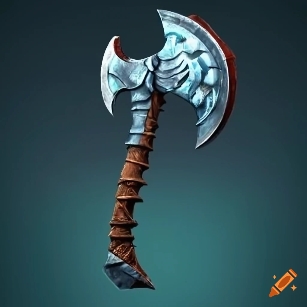 Rose-gold and aqua futuristic battle axe on Craiyon