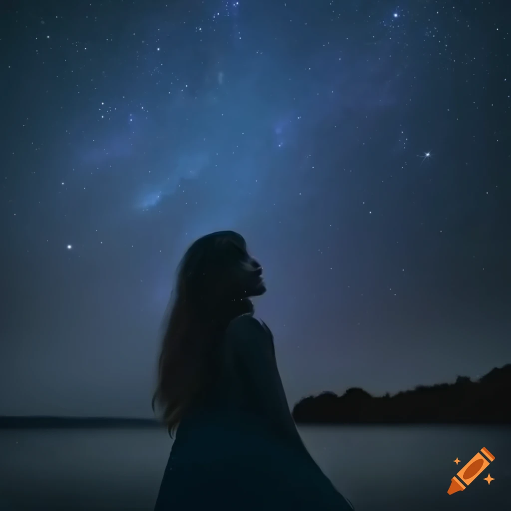 Girl gazing at stars in a mystical night scene on Craiyon
