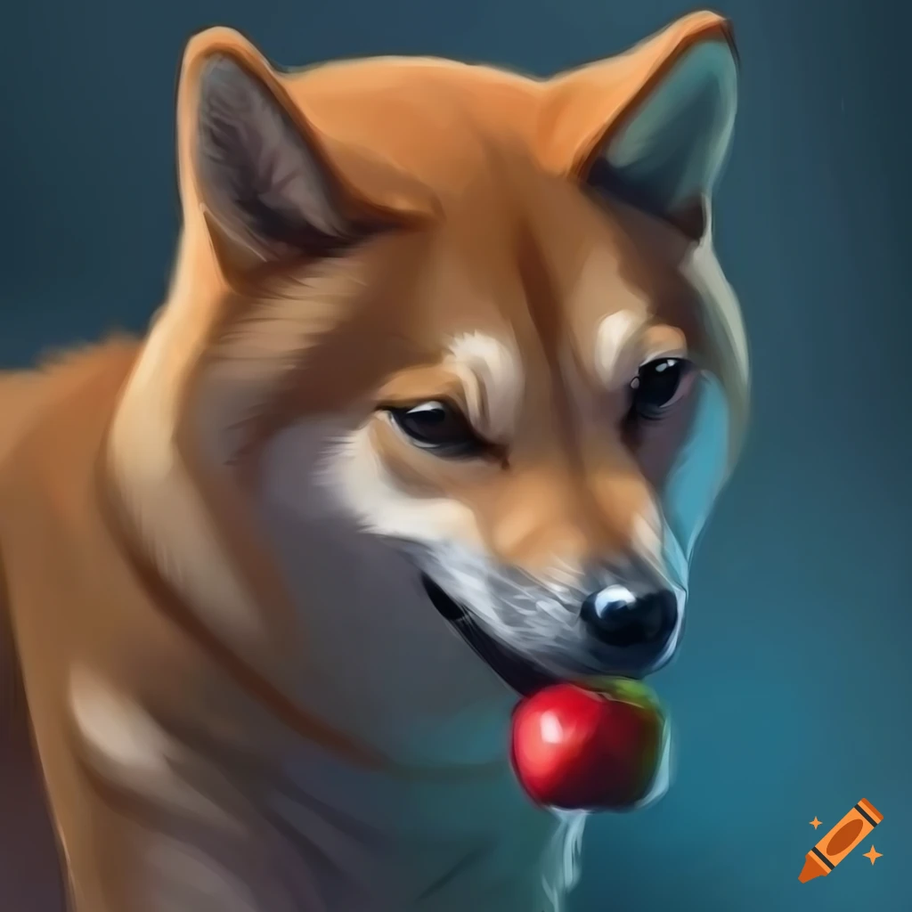 Digital portrait of a shiba inu eating an apple on Craiyon