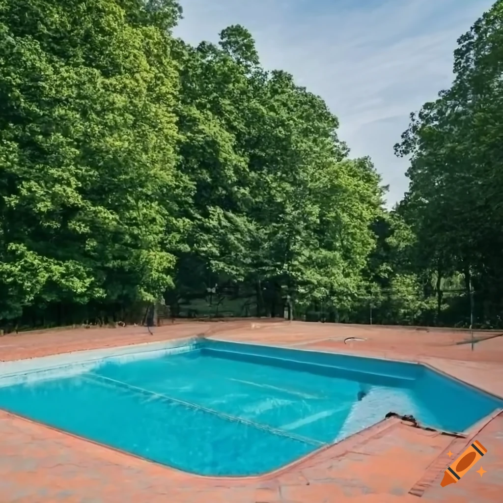 Swimming pool with surrounding walls and brown building in the ...