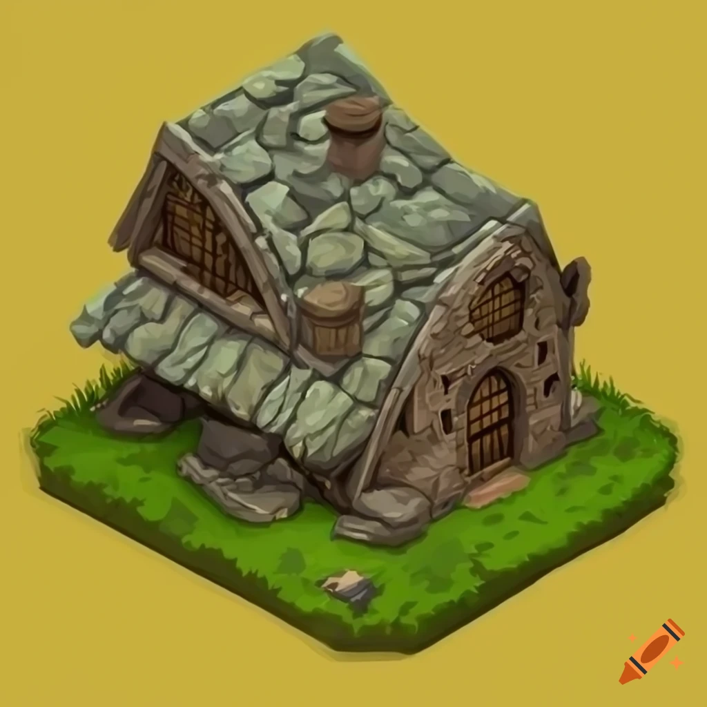 Isometric view of a realistic wooden hut with a farm field behind on ...