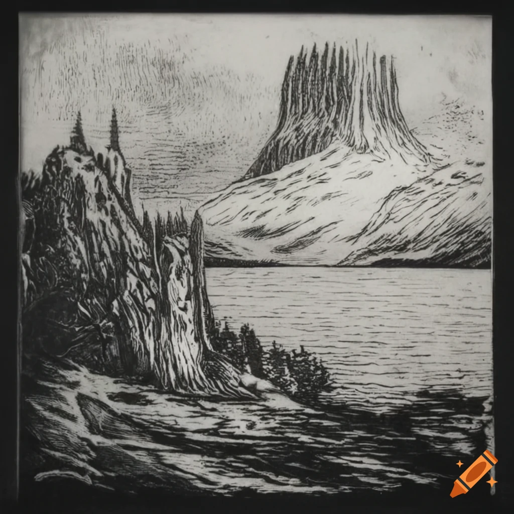 Acid-etched black and white fantasy landscape on Craiyon