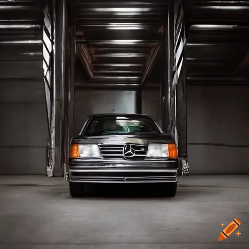 Vintage mercedes-benz w201 in an empty garage on Craiyon