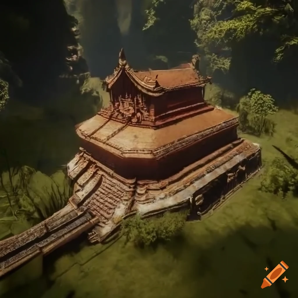 Aerial view of a futuristic temple in a jungle forest on Craiyon