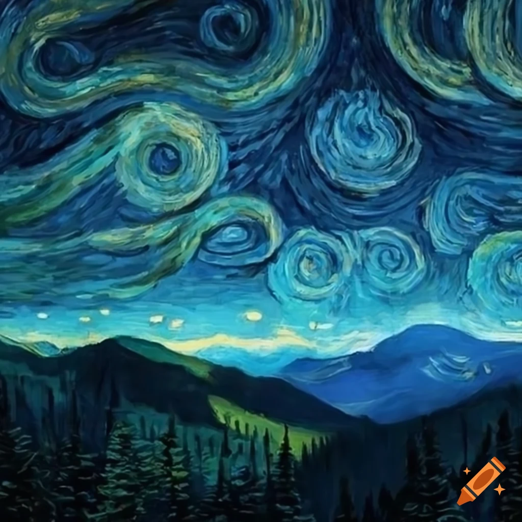 Painting of night sky in the mountains in van gogh style