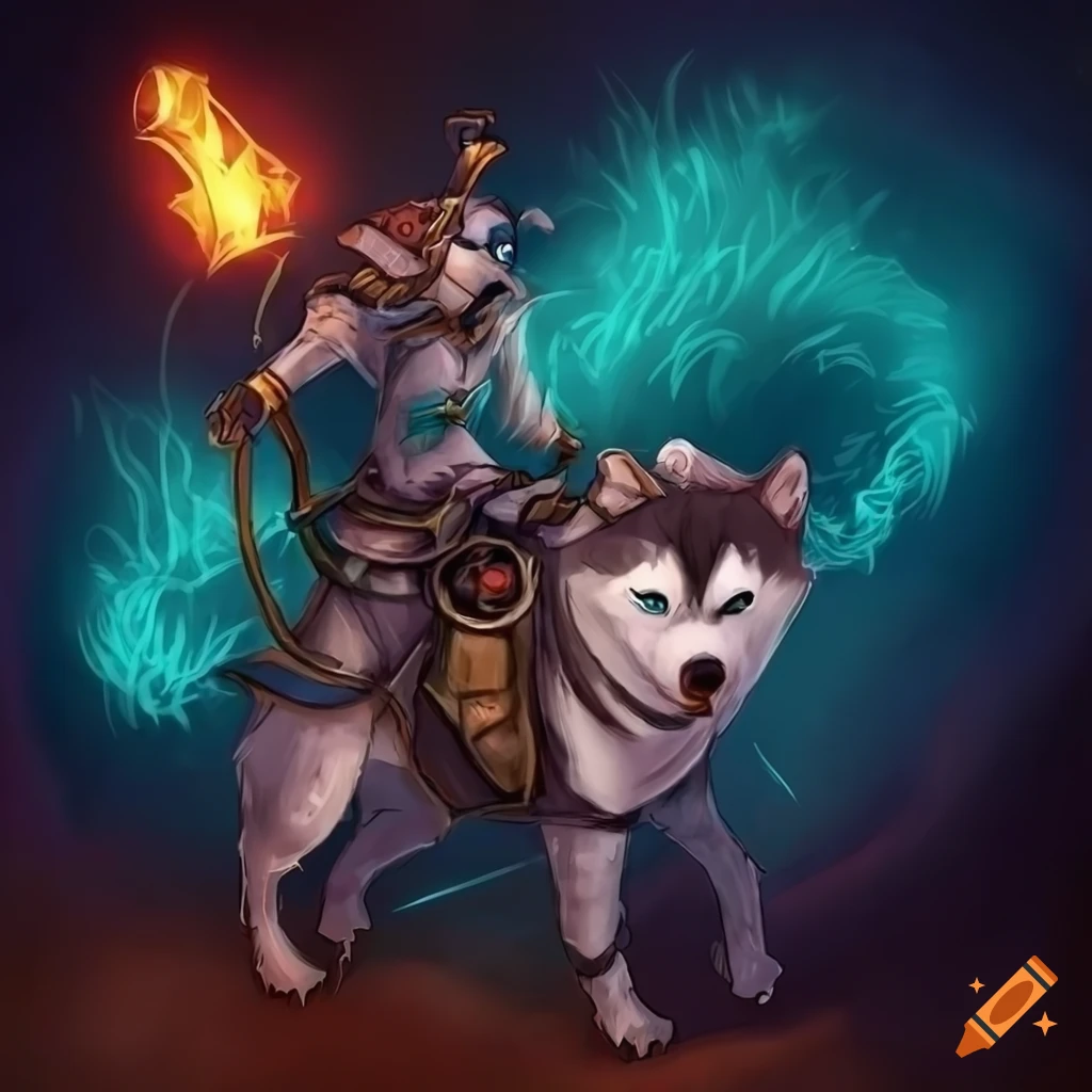 Fantasy artwork of a siberian husky mage riding a mech mount on Craiyon