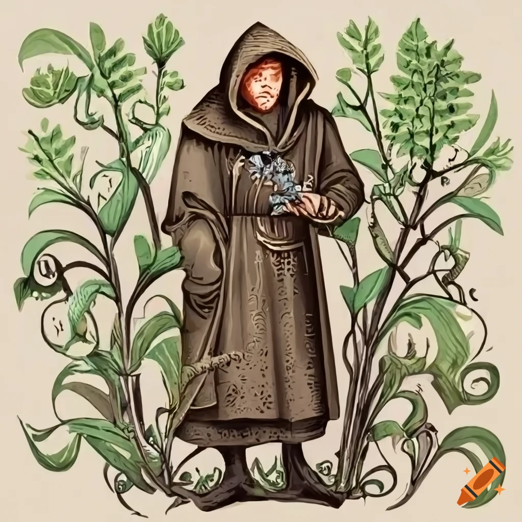 Medieval woodcut illustration of a peasant trimming flowers on Craiyon