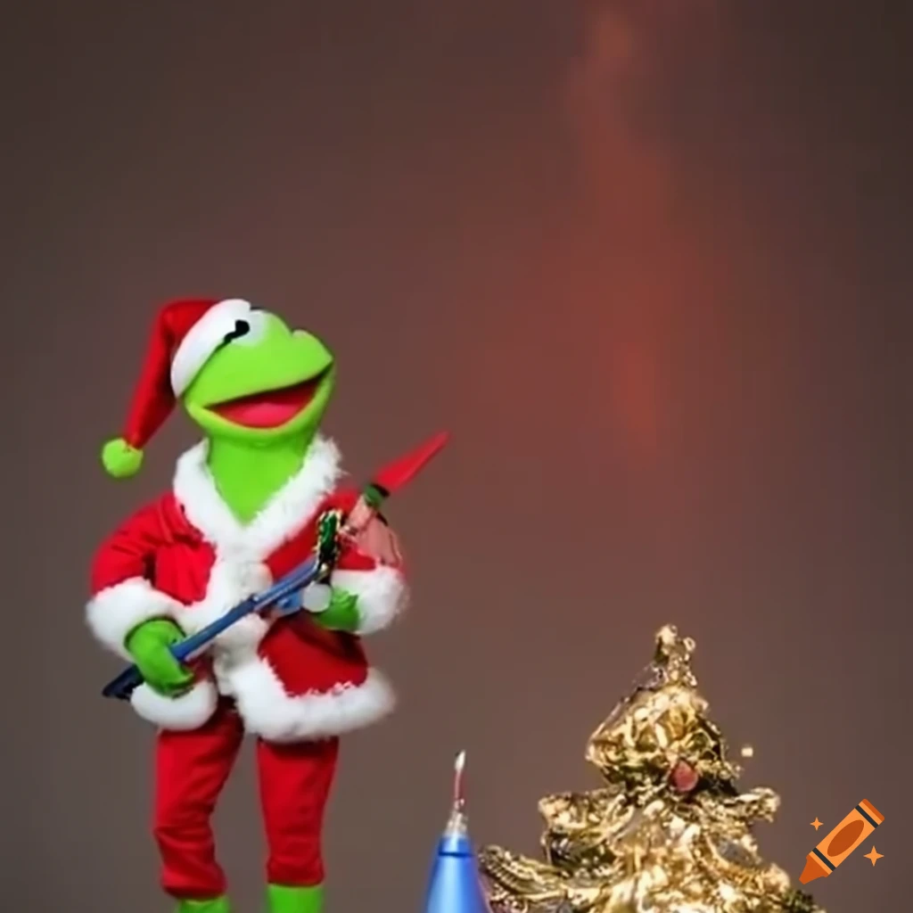 Kermit the frog flying a rocket with santa claus