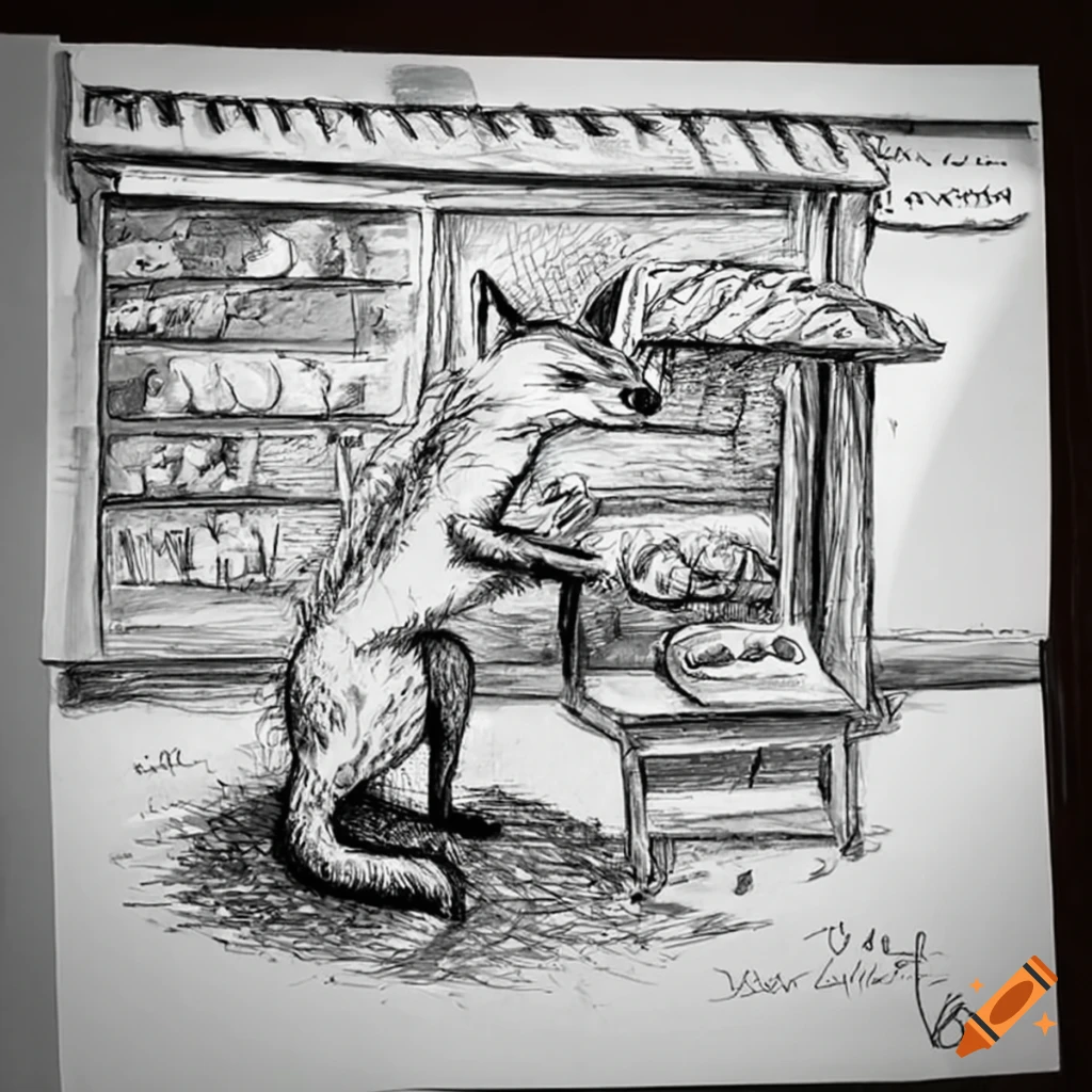 Humorous illustration of a sneaky fox outside a bakery