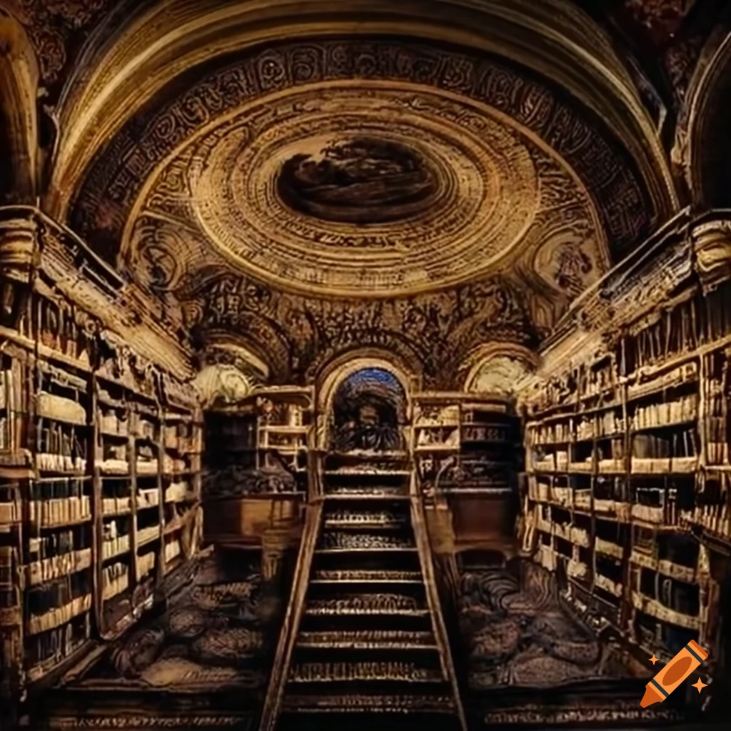 Remote cave library with ancient books on Craiyon