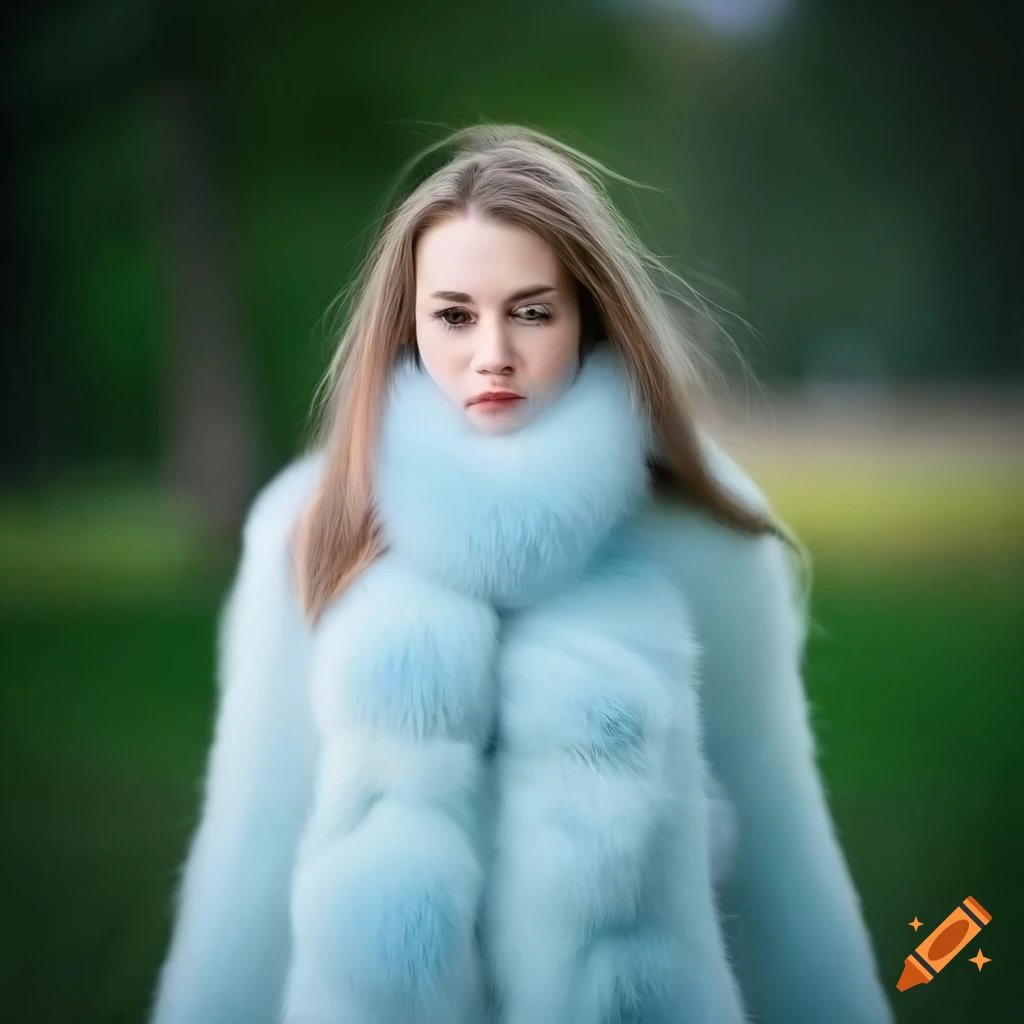 Young woman wearing a fluffy pale blue and white fur coat on Craiyon